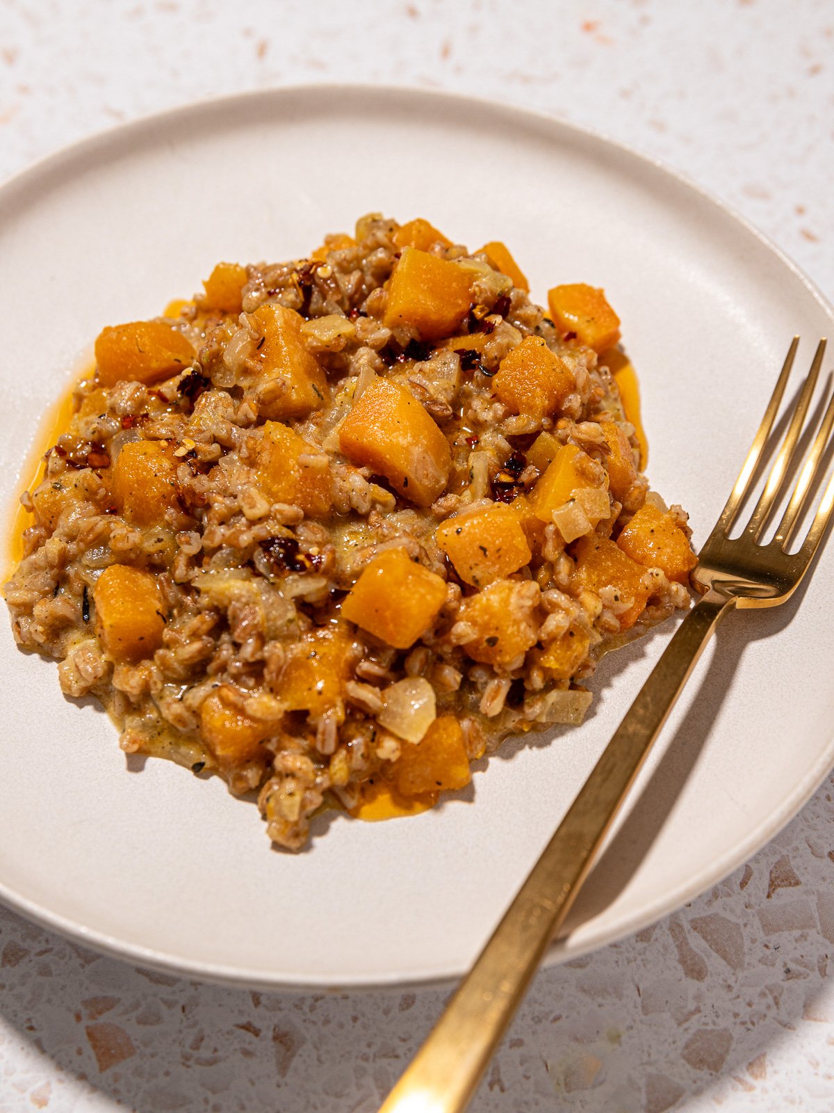 Vegan Farro Risotto with Butternut Squash - Desiree Nielsen